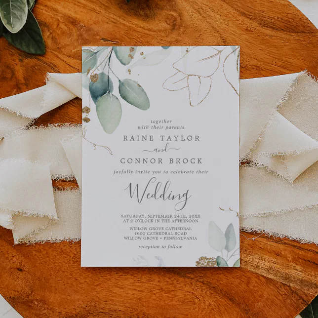 Airy Greenery and Gold Leaf Wedding Invitation | Zazzle