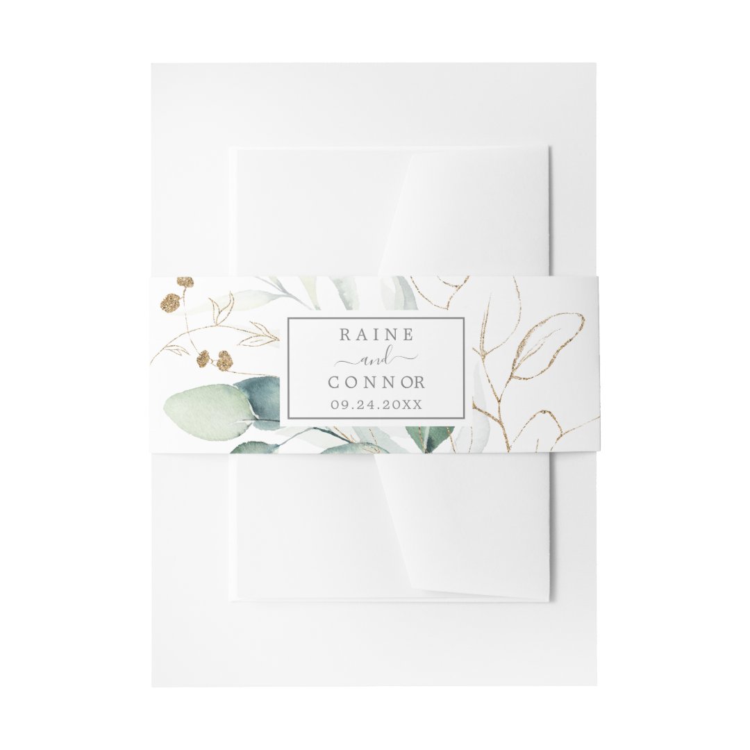 Airy Greenery and Gold Leaf Wedding Invitation Belly Band | Zazzle
