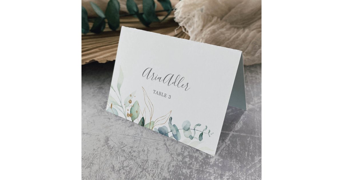 Airy Greenery and Gold Leaf Wedding Place Cards | Zazzle
