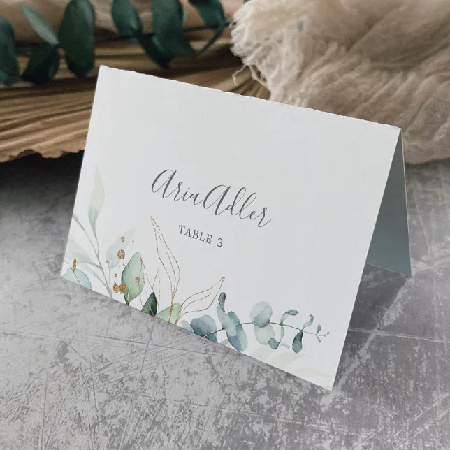 Airy Greenery and Gold Leaf Wedding Place Cards | Zazzle