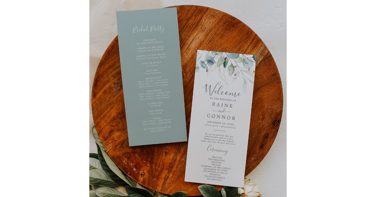 Airy Greenery and Gold Leaf Wedding Program | Zazzle