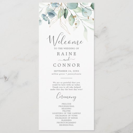 Airy Greenery and Gold Leaf Wedding Program | Zazzle