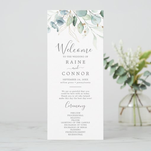 Airy Greenery and Gold Leaf Wedding Program | Zazzle