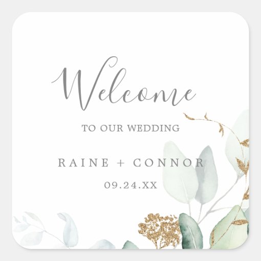 Airy Greenery and Gold Leaf Wedding Welcome Square Sticker | Zazzle