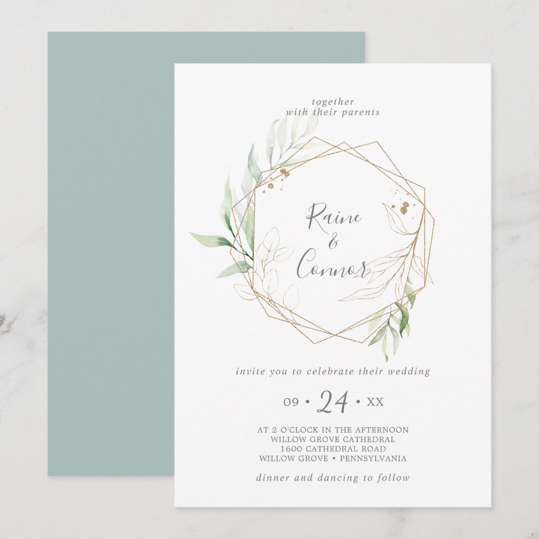 Airy Greenery and Gold Leaf Wreath Wedding Invitation | Zazzle