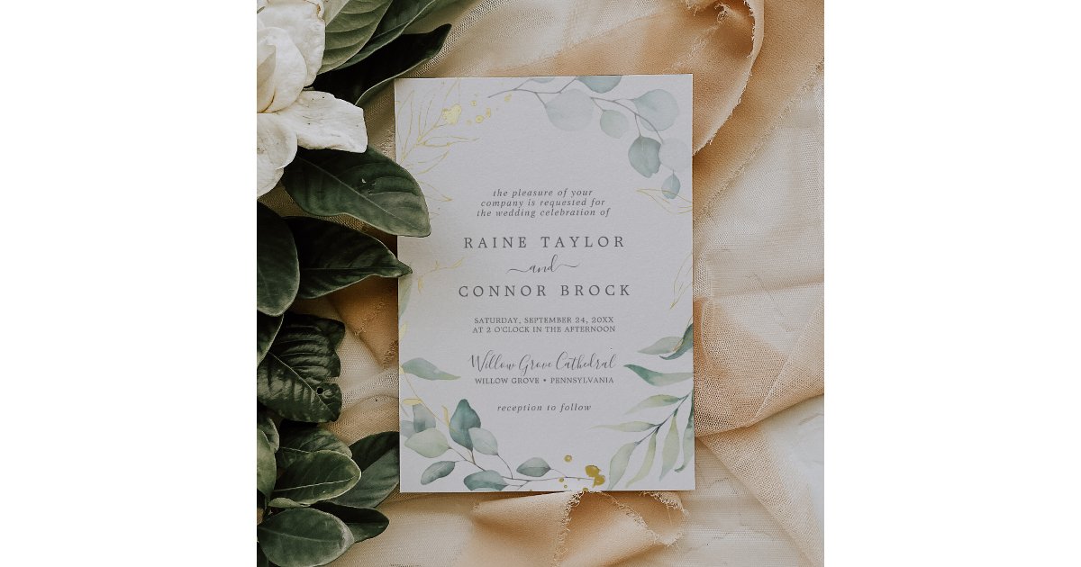 Airy Greenery and Pressed Gold Foil Leaf Wedding Foil Invitation | Zazzle