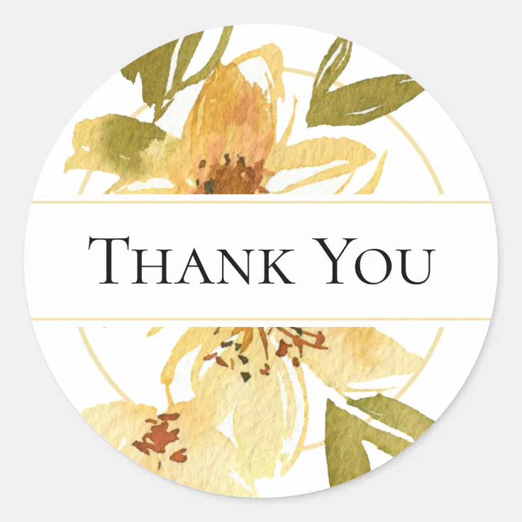 Airy Yellow Watercolor Floral Thank You Classic Round Sticker | Zazzle