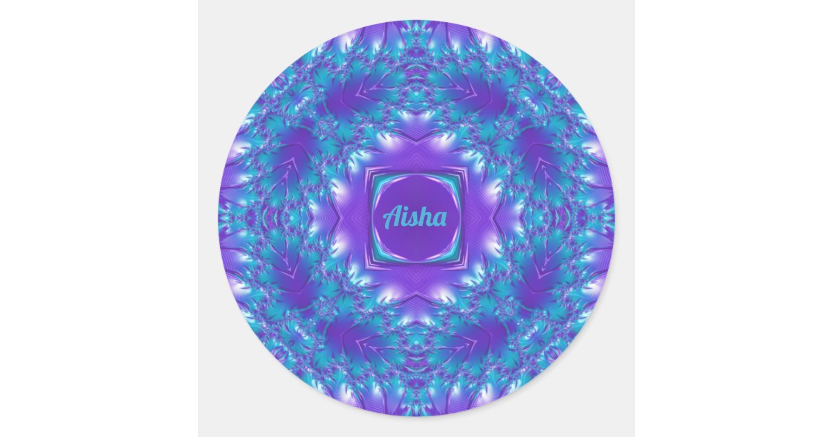 AISHA ~ WOW PRETTY 3D! Aqua, Purple and White ~ Classic Round Sticker ...