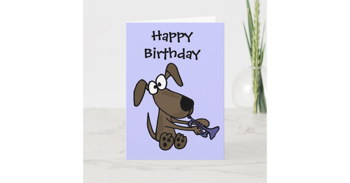 AJ- Funny Puppy Dog Playing Trumpet Cartoon Card | Zazzle