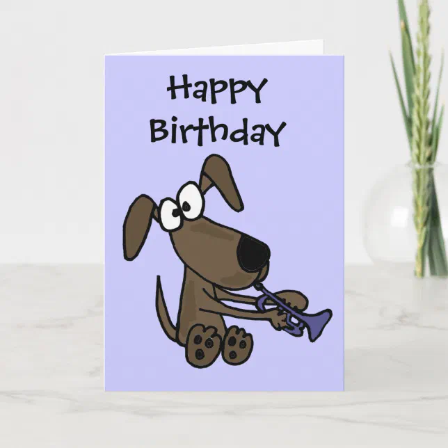 AJ- Funny Puppy Dog Playing Trumpet Cartoon Card | Zazzle