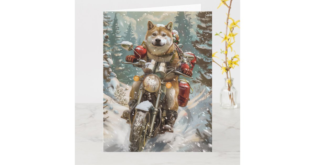Akita Dog Riding Motorcycle Christmas Card | Zazzle
