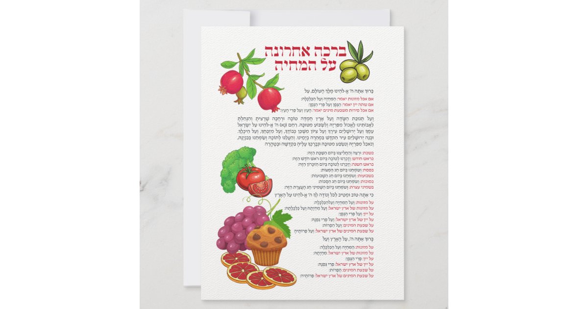 Al haMichya Hebrew Blessing After Food Colorful | Zazzle