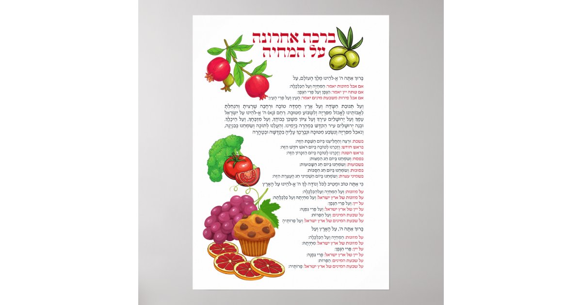 Al haMichya Hebrew Blessing After Food Colorful Poster | Zazzle