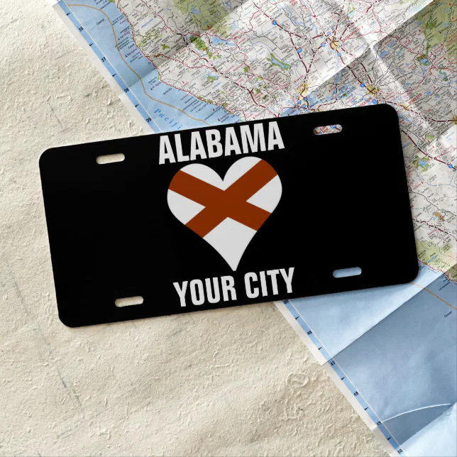 Alabama Custom Personalized Flag Heart Your CIty License Plate | Zazzle