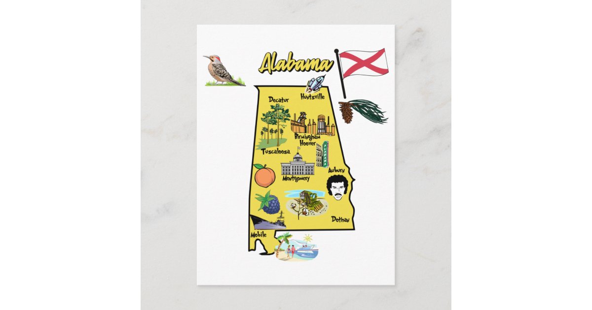 Alabama tourist map with landmarks postcard | Zazzle