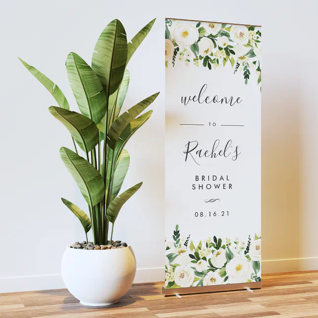 Alabaster Floral Shower Welcome Retractable Banner | Zazzle