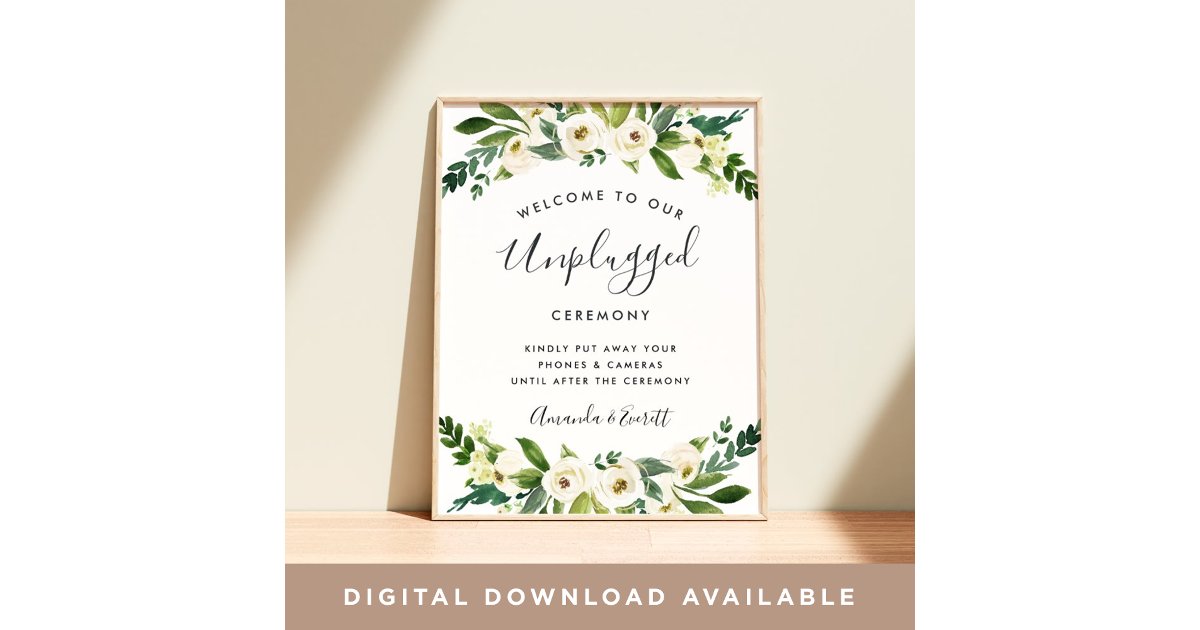 Alabaster Floral Unplugged Wedding Ceremony Sign | Zazzle