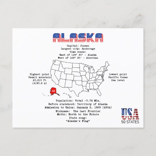 Alaska American state on a map and useful info Holiday Postcard ...