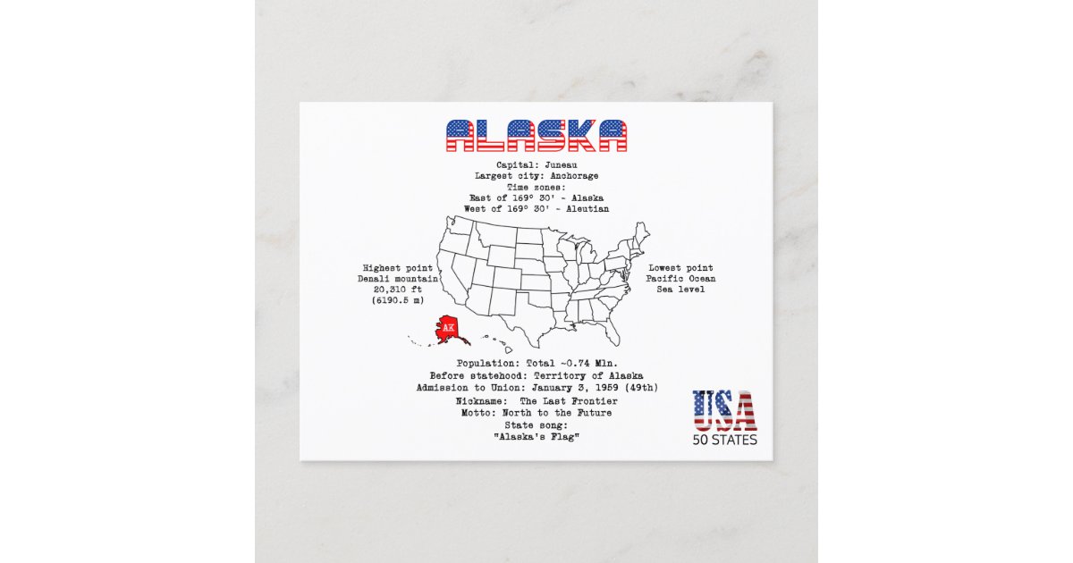 Alaska American state on a map and useful info Holiday Postcard | Zazzle