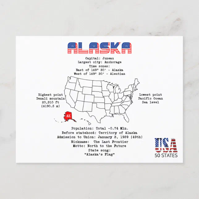 Alaska American state on a map and useful info Holiday Postcard | Zazzle