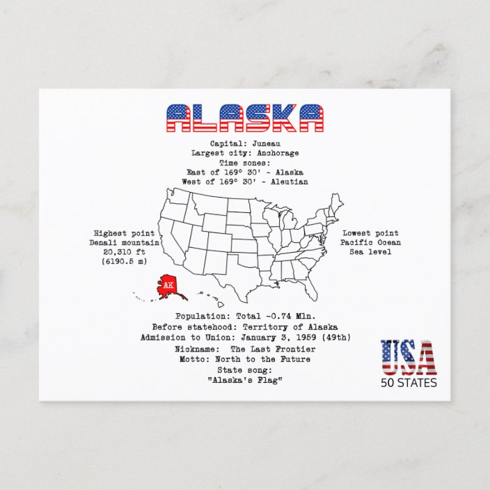 Alaska American state on a map and useful info Holiday Postcard ...