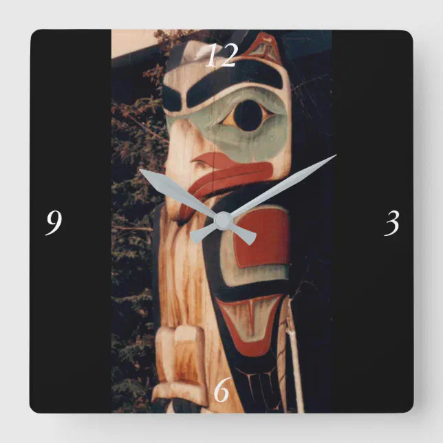Alaska Wood Carved Southeast Totem Pole Fancy Square Wall Clock | Zazzle