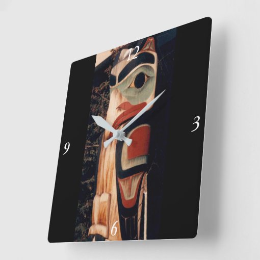 Alaska Wood Carved Southeast Totem Pole Fancy Square Wall Clock | Zazzle