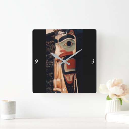 Alaska Wood Carved Southeast Totem Pole Fancy Square Wall Clock | Zazzle