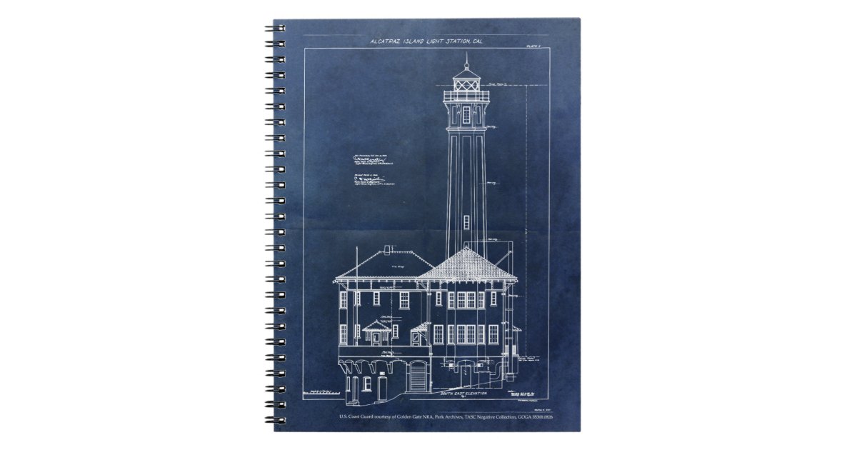 Alcatraz Island Lighthouse Vintage Blueprint Notebook | Zazzle