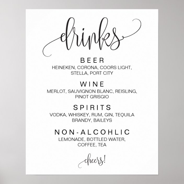 Alcohol Cocktail Drinks Bar Editable Wedding Sign | Zazzle