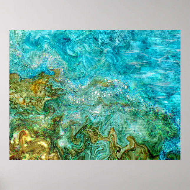 Alcohol Ink Digital Painting Water Waves Beach Poster | Zazzle