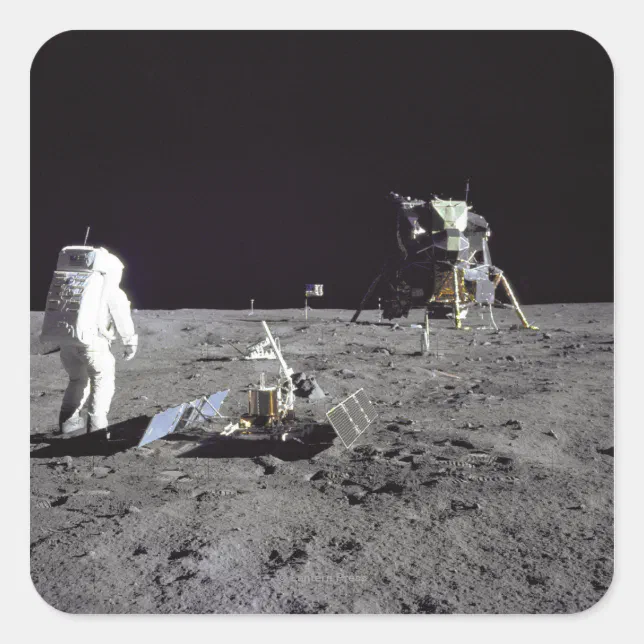 Aldrin Looks Back at Tranquility Base Square Sticker | Zazzle