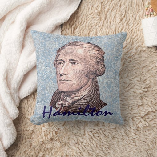 Alexander Hamilton on Blue Lace & Heart Background Throw Pillow | Zazzle