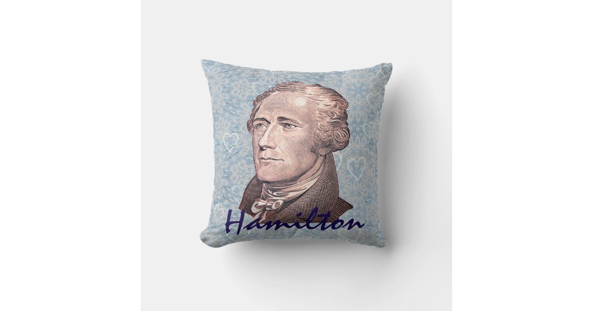 Alexander Hamilton on Blue Lace & Heart Background Throw Pillow | Zazzle
