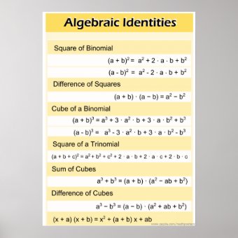 Algebraic Identities High School Math Poster | Zazzle