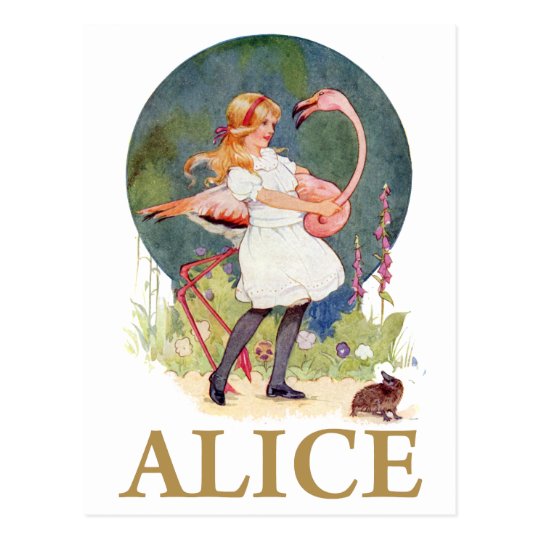 ALICE AND THE PINK FLAMINGO PLAY CROQUET POSTCARD | Zazzle.com
