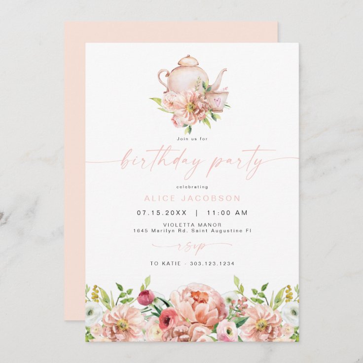 ALICE Blush Spring Floral Tea Party Birthday Invitation | Zazzle