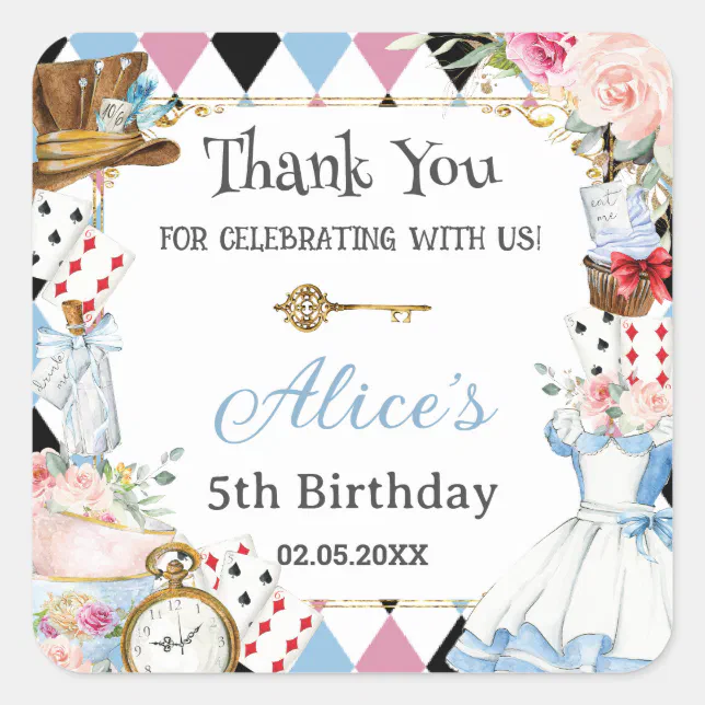 Alice in Wonderland Birthday Tea Party Square Sticker | Zazzle