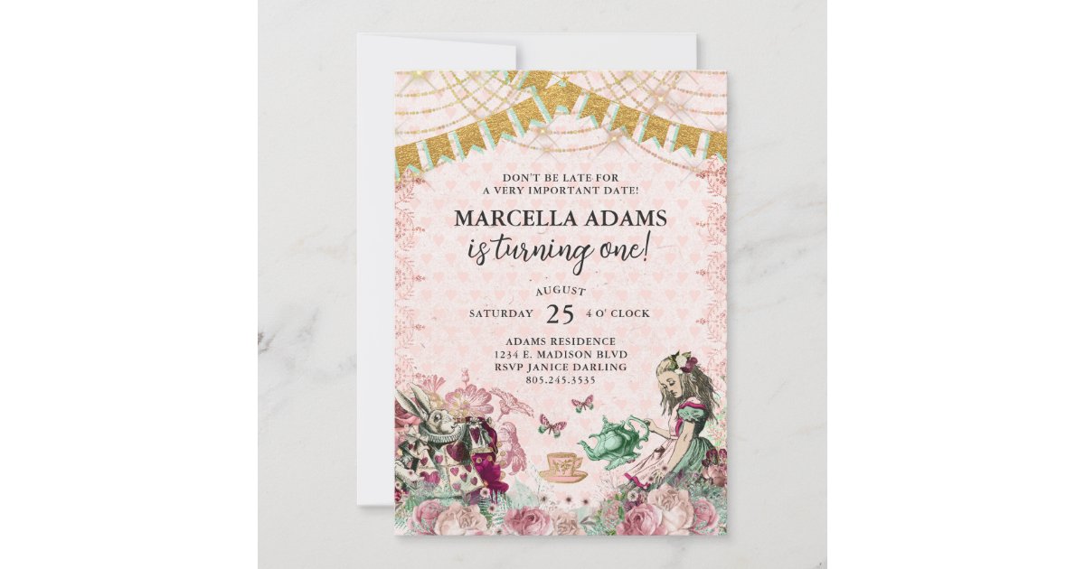 Alice In Wonderland Blush & Mint Birthday Invitation | Zazzle