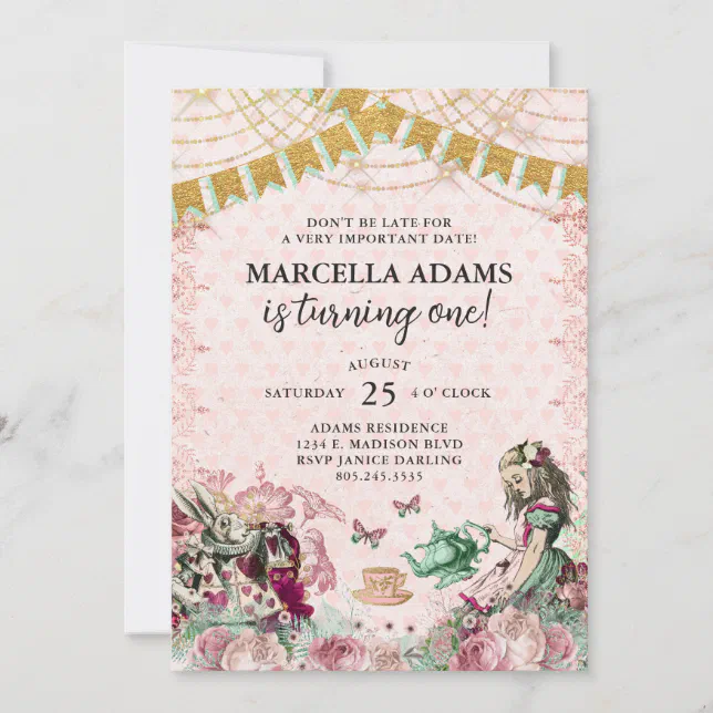 Alice In Wonderland Blush & Mint Birthday Invitation | Zazzle