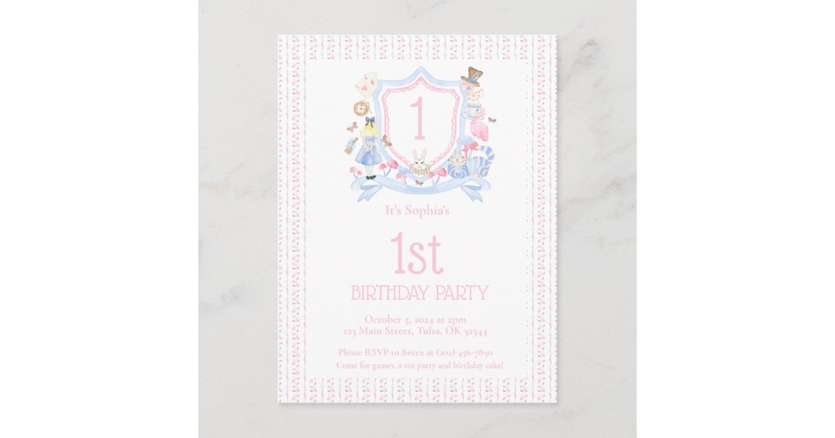 Alice in Wonderland Monogram Crest Party Postcard | Zazzle
