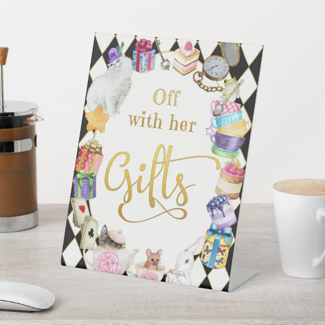 Alice in Wonderland Off with Her Gifts Pedestal Sign | Zazzle
