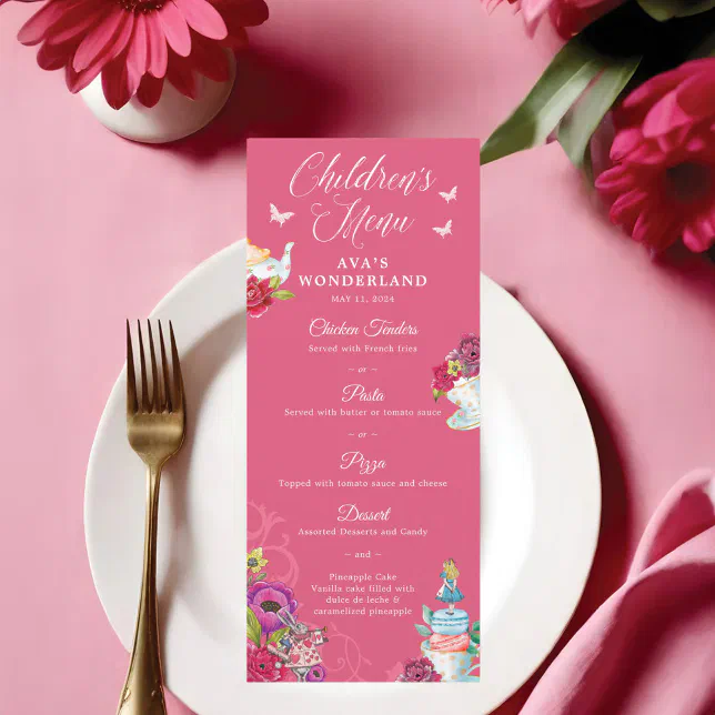 Alice In Wonderland Vibrant Floral Kids Party Menu | Zazzle