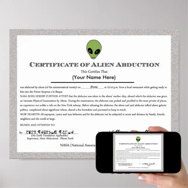 Alien Abduction Certificate Poster | Zazzle