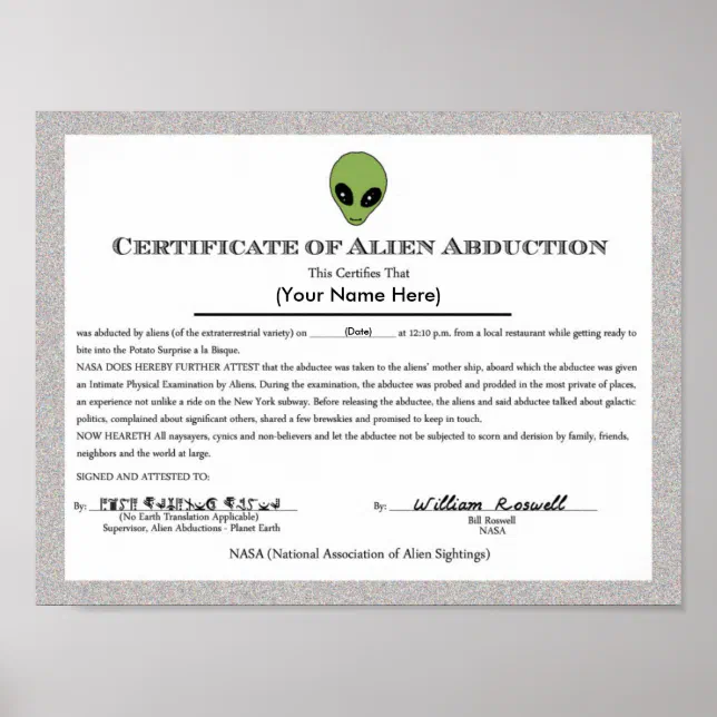 Alien Abduction Certificate Poster | Zazzle
