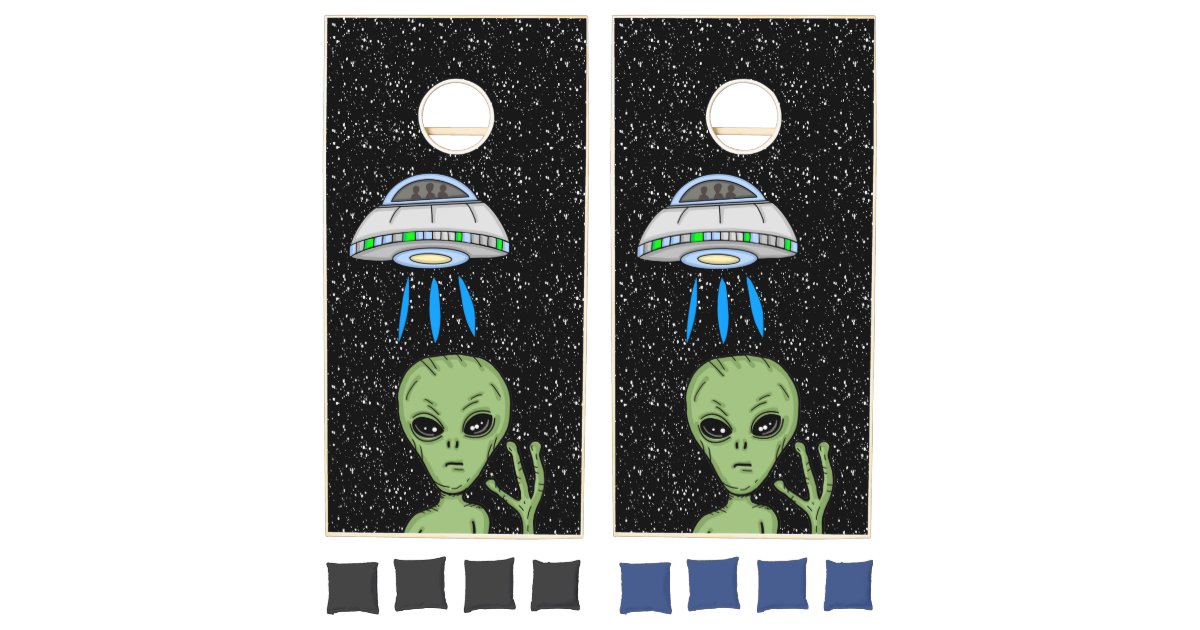 Alien and UFO starry black background Cornhole Set | Zazzle