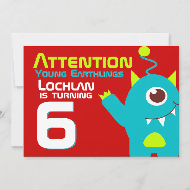 Alien birthday boy 6th aqua orange invitation | Zazzle