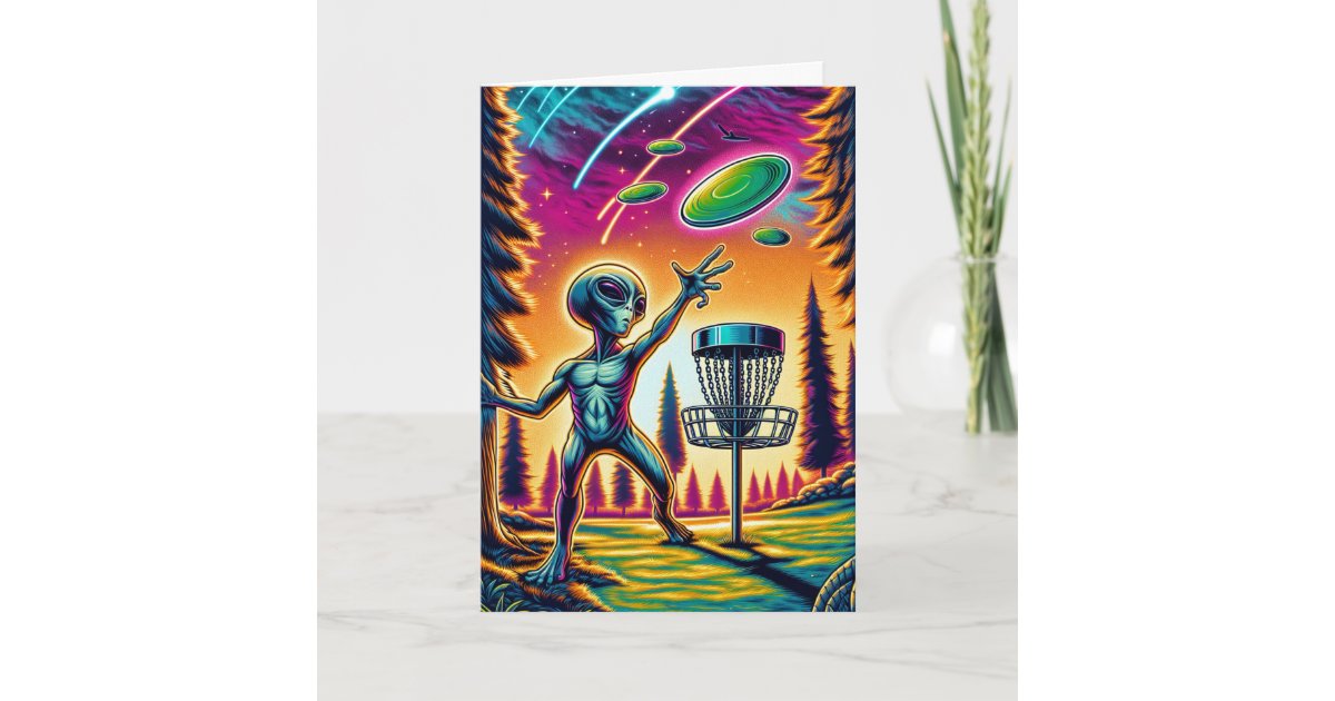 Alien Disc Golfing Happy Birthday Card | Zazzle