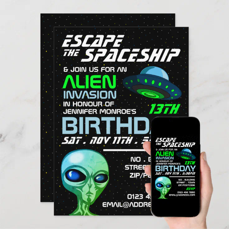Alien Invasion Theme, Escape Room, Birthday Party Invitation | Zazzle