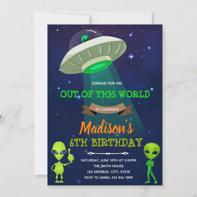 Alien OUT OF THIS WORLD birthday invite | Zazzle